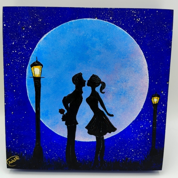 Art | Artist Signed Full Moon Kiss Acrylic Painting On 8x8 Wooden ...